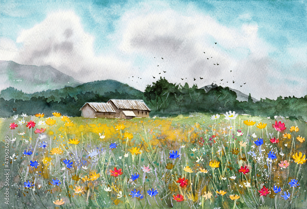 Watercolor illustration of a landscape with a field of blooming ...