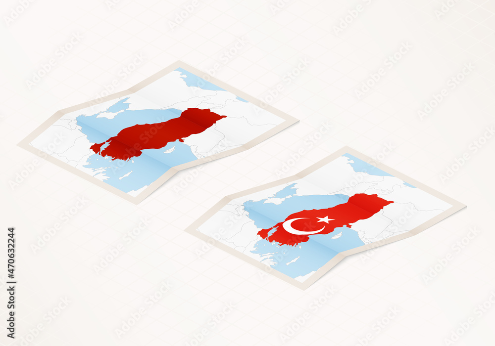 Two versions of a folded map of Turkey with the flag of the country of ...