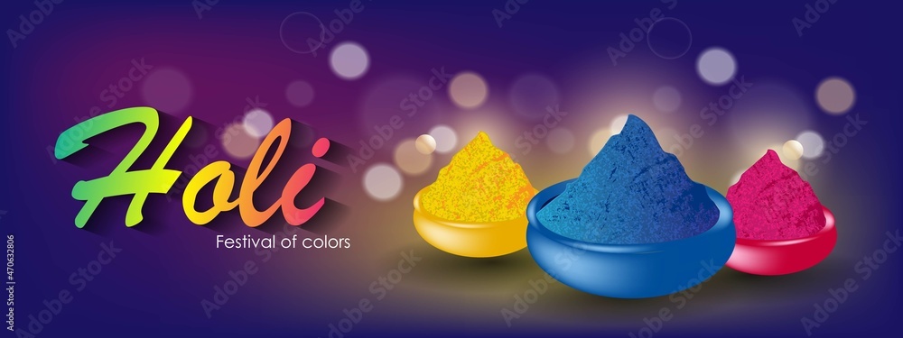 Holi festival of colors, indian holiday, bowls with paints, realistic ...