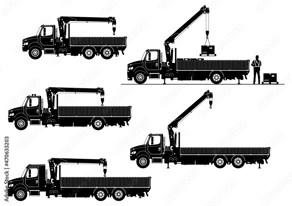 Silhouette of crane lorry. Truck mounted crane. Side view of knuckle ...