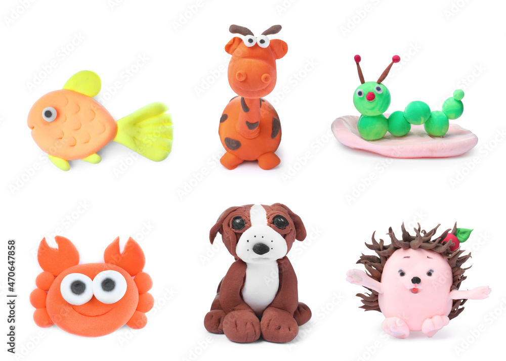 Different animals made from playdough on white background, collage ...