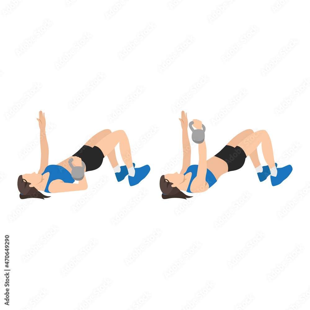Woman doing Single arm. Floor glute bridge press exercise. Flat vector ...