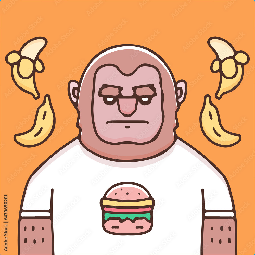 Bored monkey with burger and banana illustration. Vector graphics for t ...