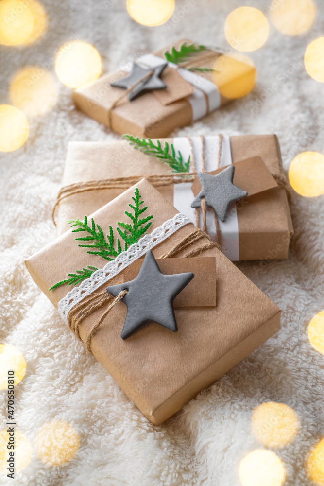 Vintage gift boxes on white background. Eco style gift wrapping ...