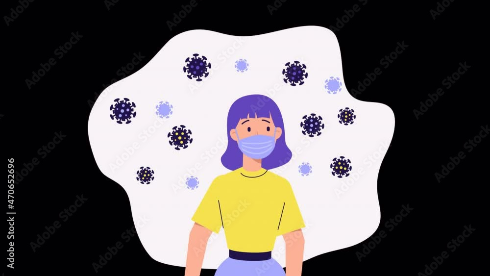 Female character animation wears facial protective mask on her face ...