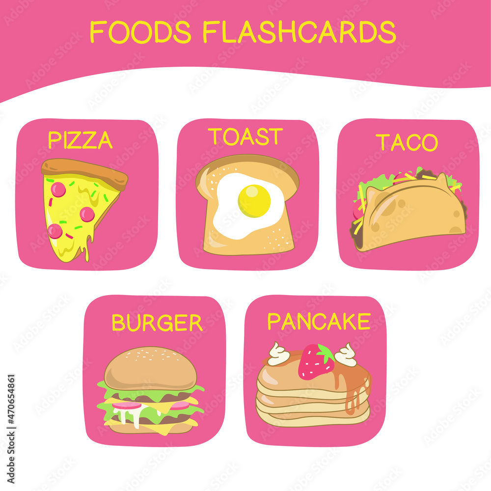 Set of cute foods flashcard vector. Kawaii foods around the world ...