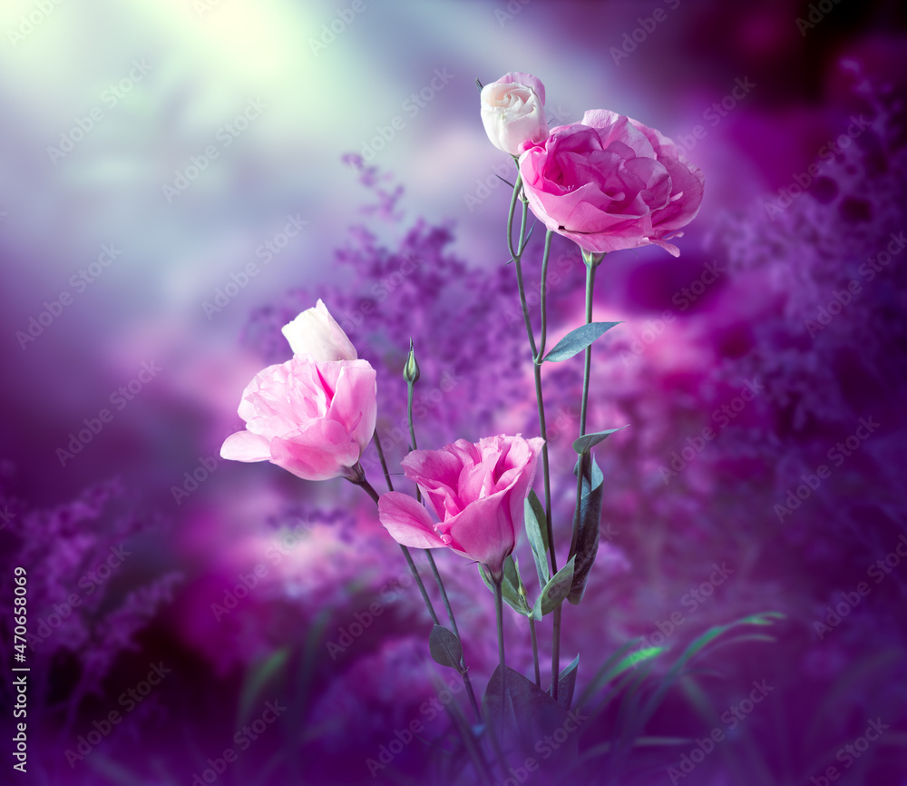 Fantasy Eustoma flowers garden in enchanted fairy tale dreamy elven forest with fabulous ...