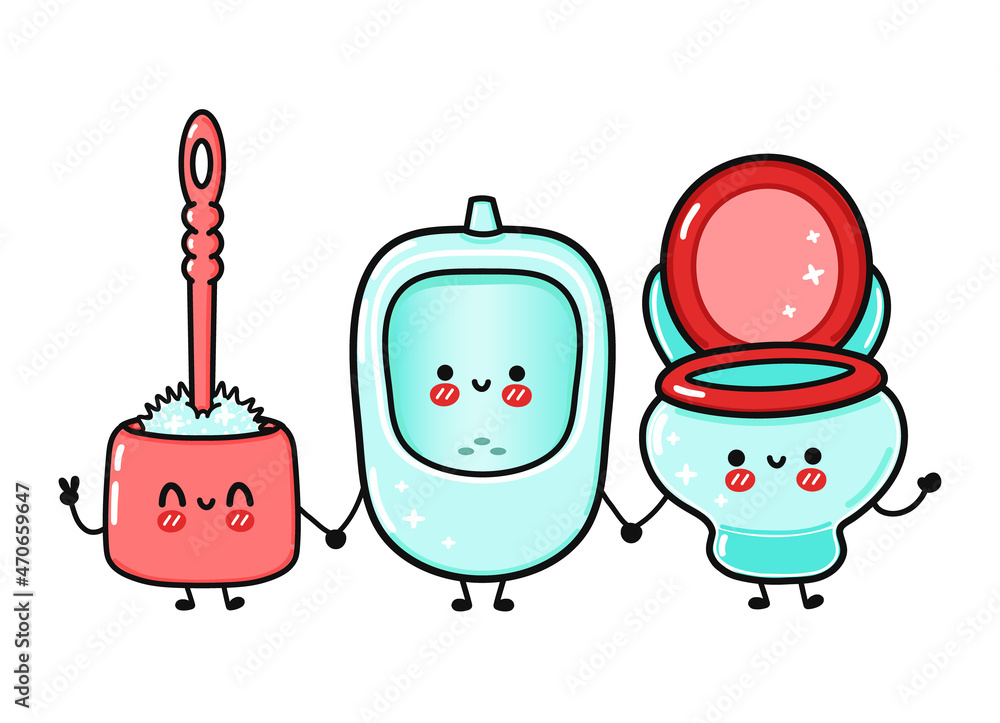 Cute, funny happy toilet brush, urinal and toilet character. Vector ...