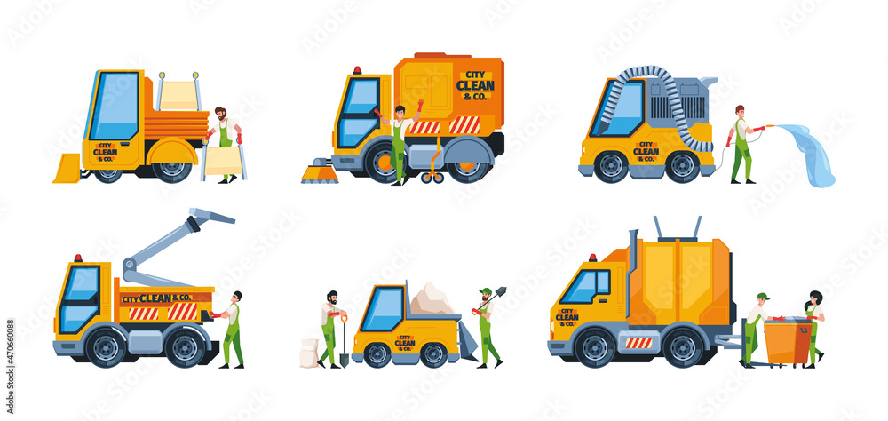 Cleaning service. Urban vehicles cleaners street sweepers bad dust ...