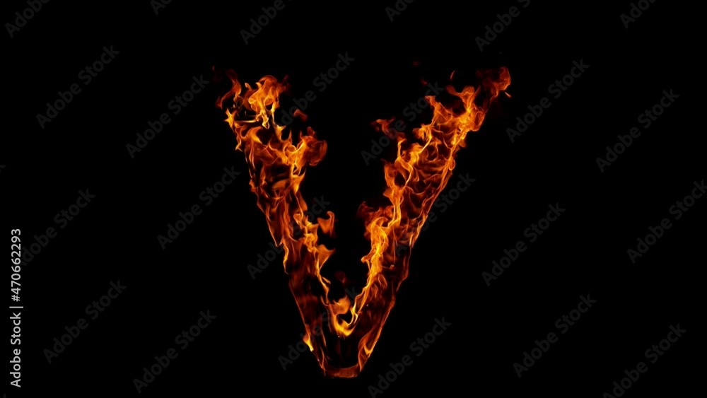 V - Single Letter of Fire Flames Alphabet on Black Background. Super ...