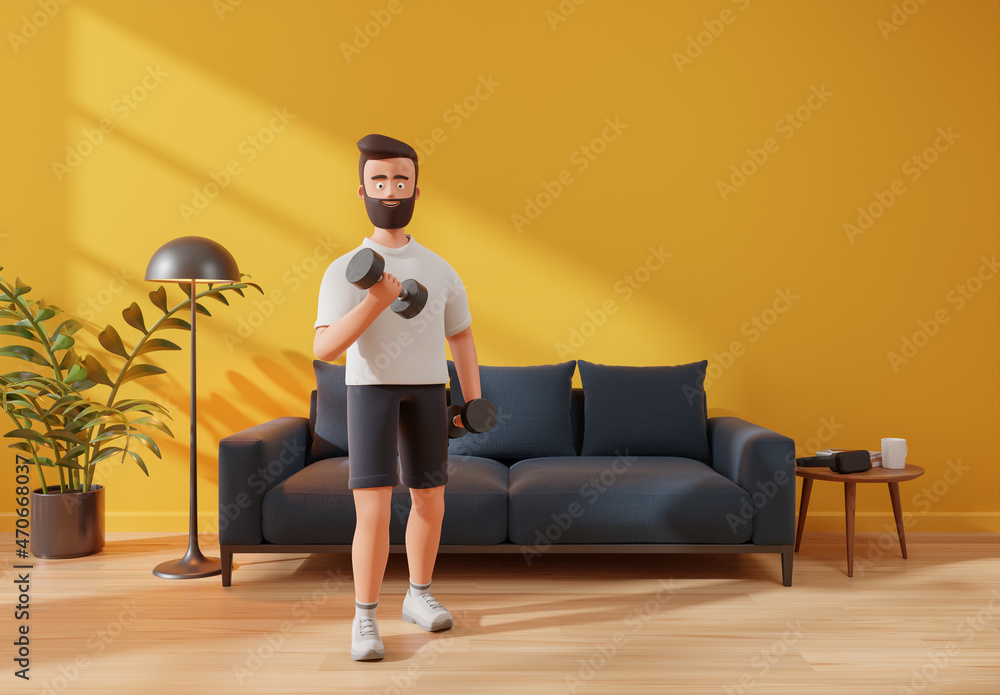 Happy cartoon character man does exercise with dumbbell at cozy home ...