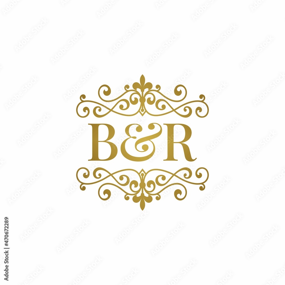 B&R initials logo ornament gold. Letter BR wedding ampersand or ...
