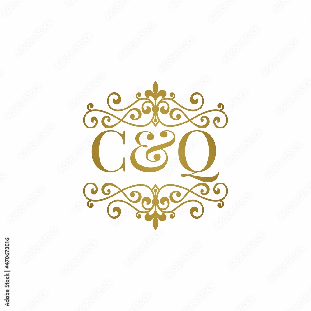 C&Q initials logo ornament gold. Letter CQ wedding ampersand or ...