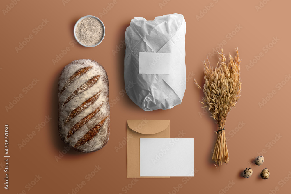 Blank envelope and card with bread, bakery branding mockup, empty space ...