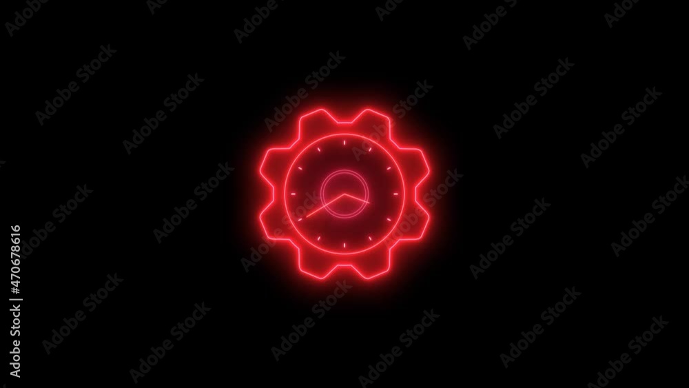 Red neon light gear design counting down clock animation on black ...