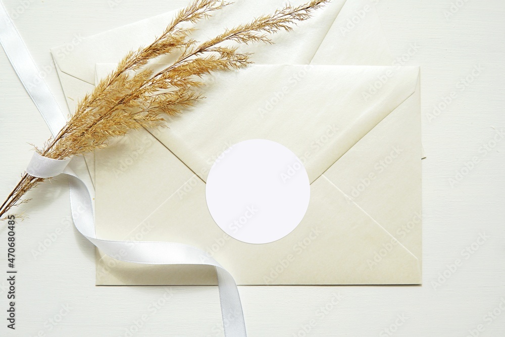 Round sticker mockup on envelope for gift label, logo design ...