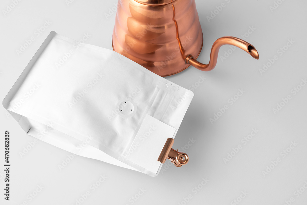 Blank coffee packaging with a copper pot, coffee packaging mockup with ...