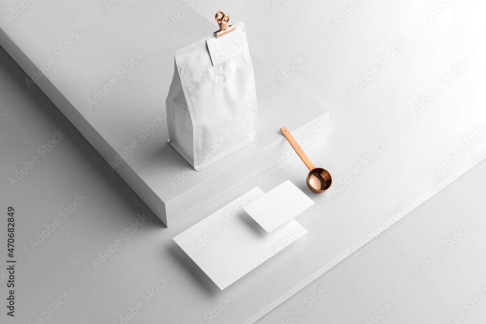 Blank coffee packaging with a business card, greeting card, spoon ...