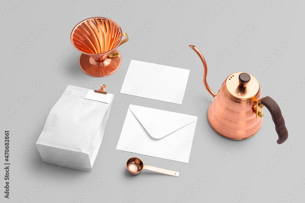 Blank coffee packaging, with card, envelope, copper pot, dripper, spoon ...