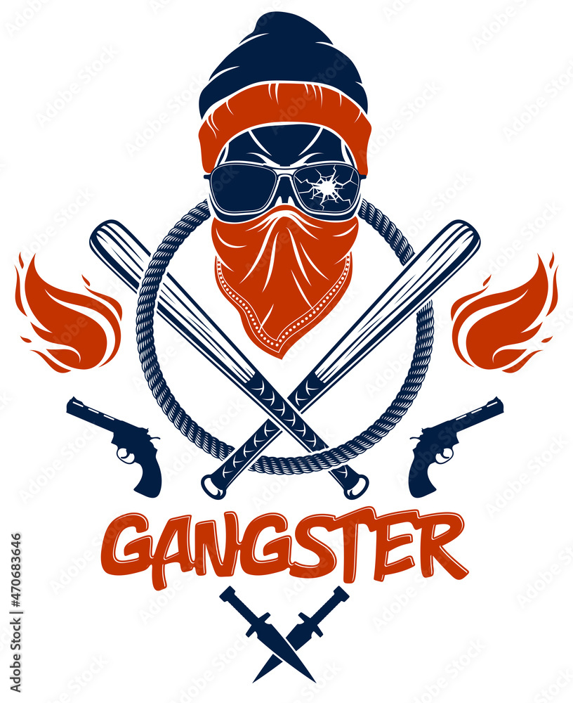 Gang brutal criminal emblem or logo with aggressive skull baseball bats ...