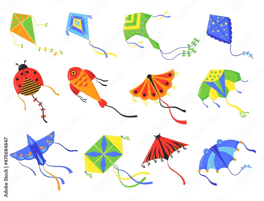 Flying kites. Cartoon colorful festive toys for kids, animals and ...