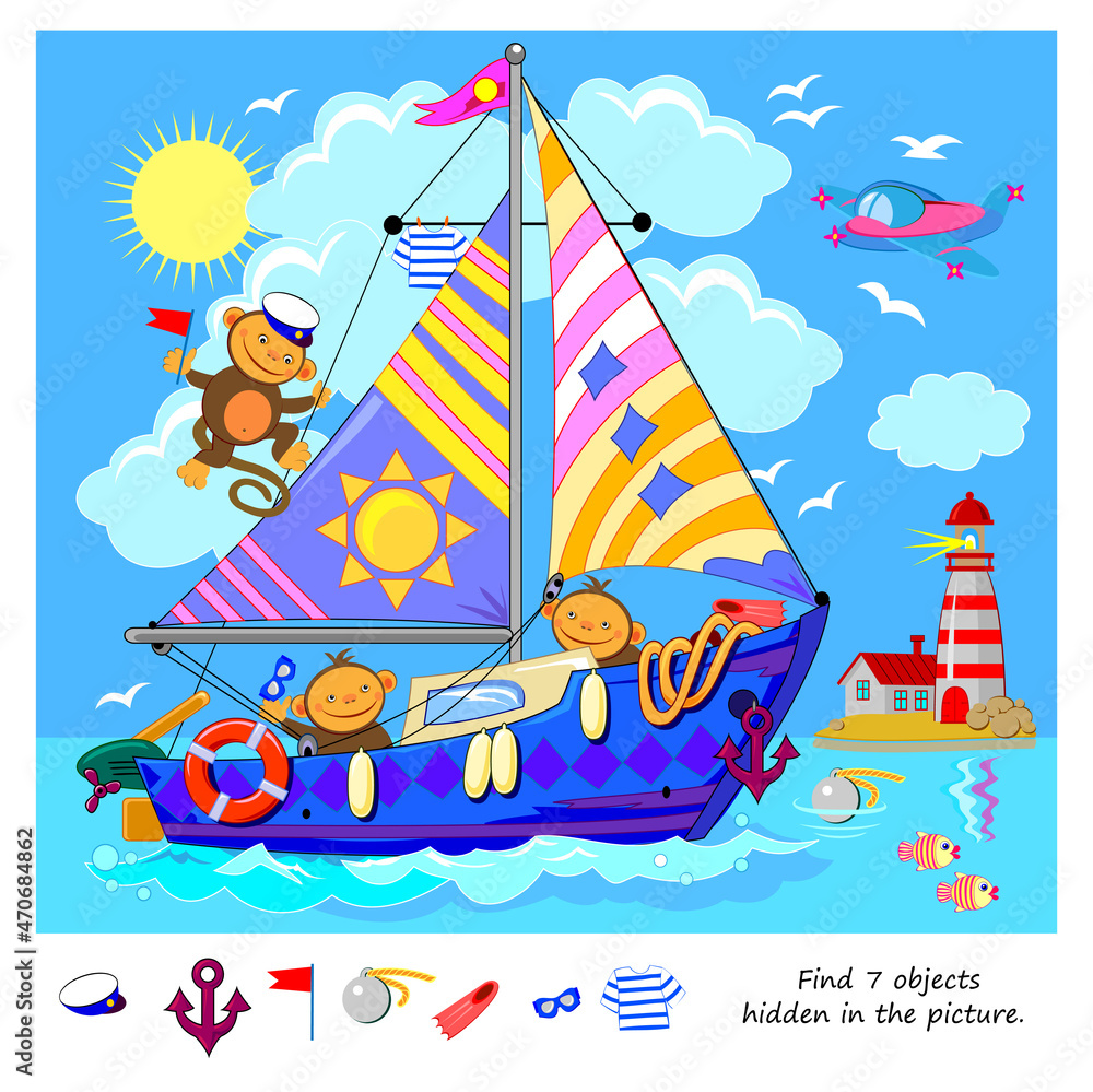 Logic puzzle game for kids. Find 7 objects hidden in the picture ...