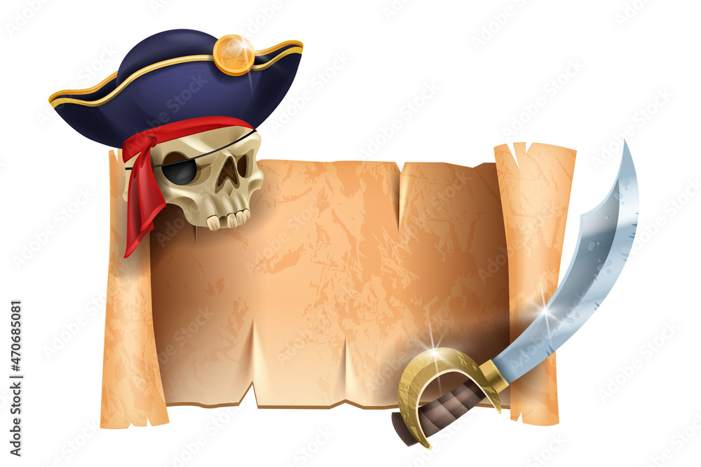 Pirate game frame, vector old parchment paper scroll, corsair ancient ...