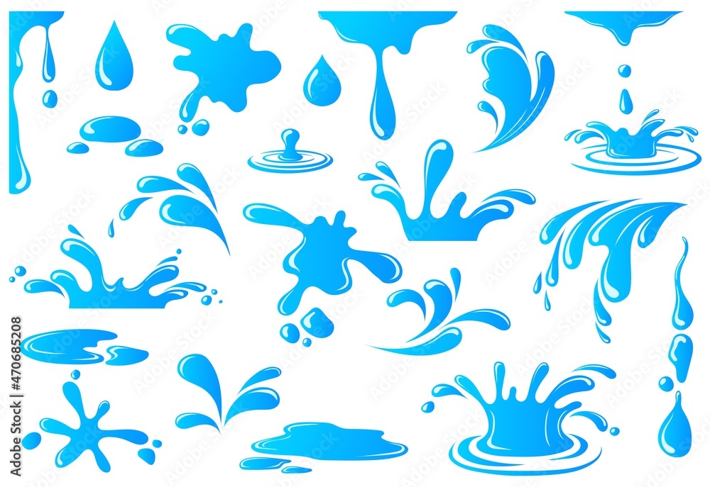 Current drops. Cartoon water splash drop, drip rain droplet, liquid ...