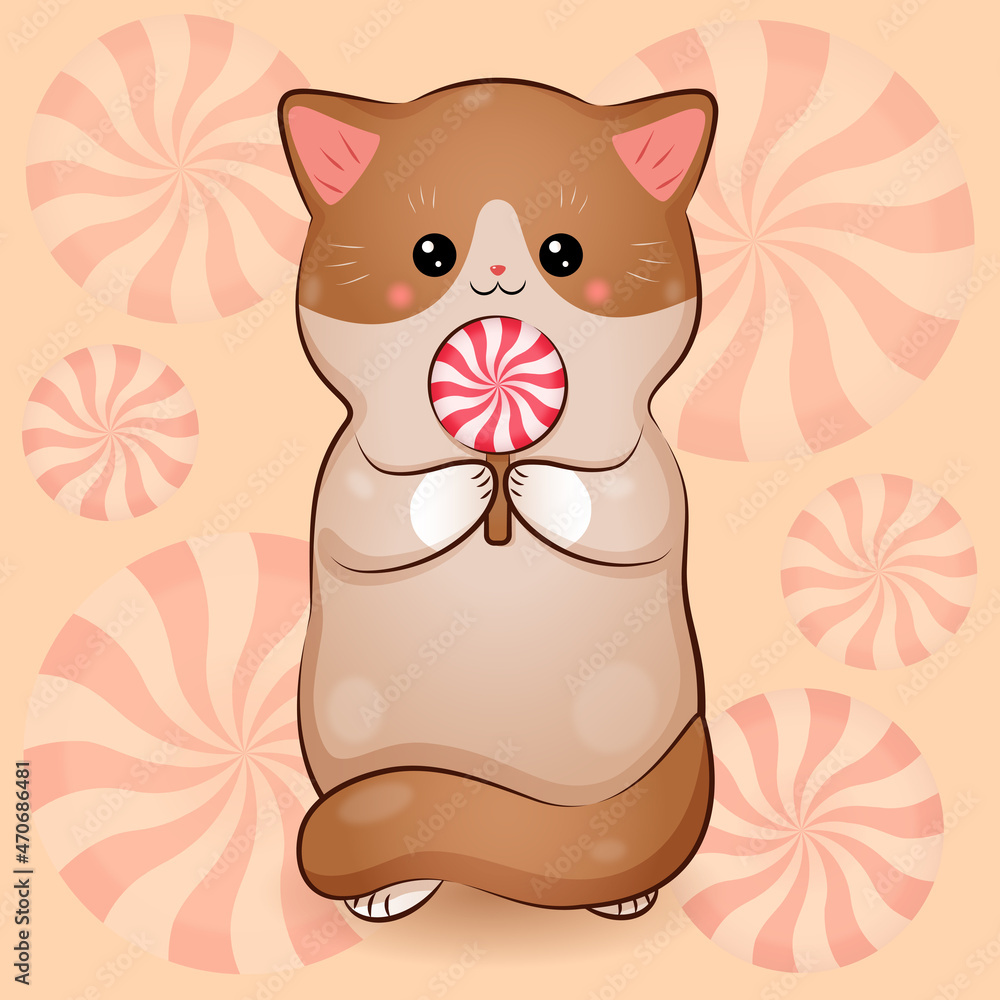 Cartoon character cat holding caramel candy. Cheerful funny kitten ...