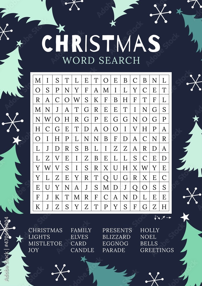 Christmas word search puzzle. Winter holiday crossword game. Printable ...