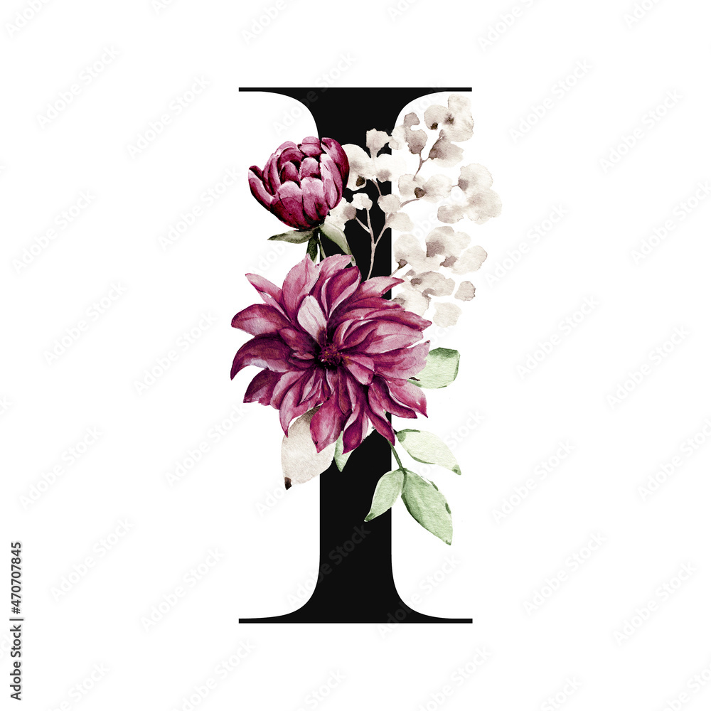 Floral alphabet, letter i with watercolor flowers and leaf. Monogram ...
