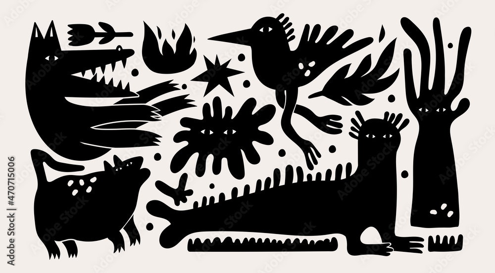 Various strange creatures. Abstract imaginary fauna. Fictional ...