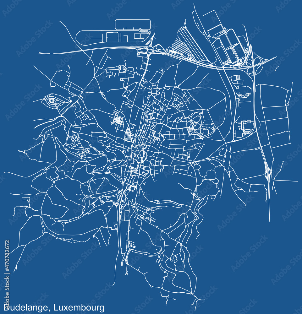 Detailed technical drawing navigation urban street roads map on blue ...