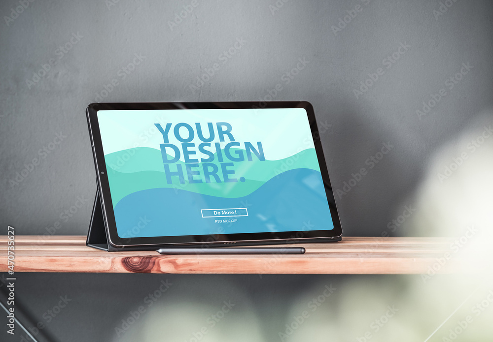 Tablet Mockup with Keyboard and Digital Pencil on Wooden Shelf Stock ...