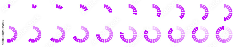 Round loading bars with segments from 1 to 20. Progress, waiting or ...