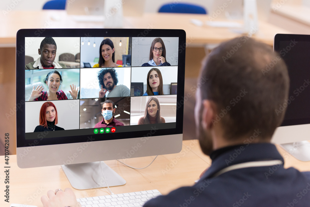 Multiethnic college students distance learning virtual remote class, group online interactive ...