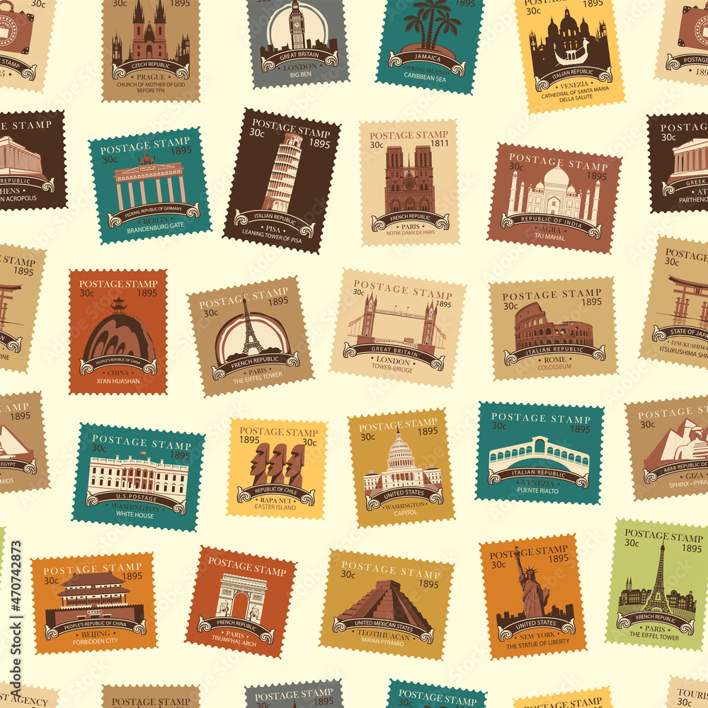 Vector seamless pattern with colored postage stamps with landmarks from ...