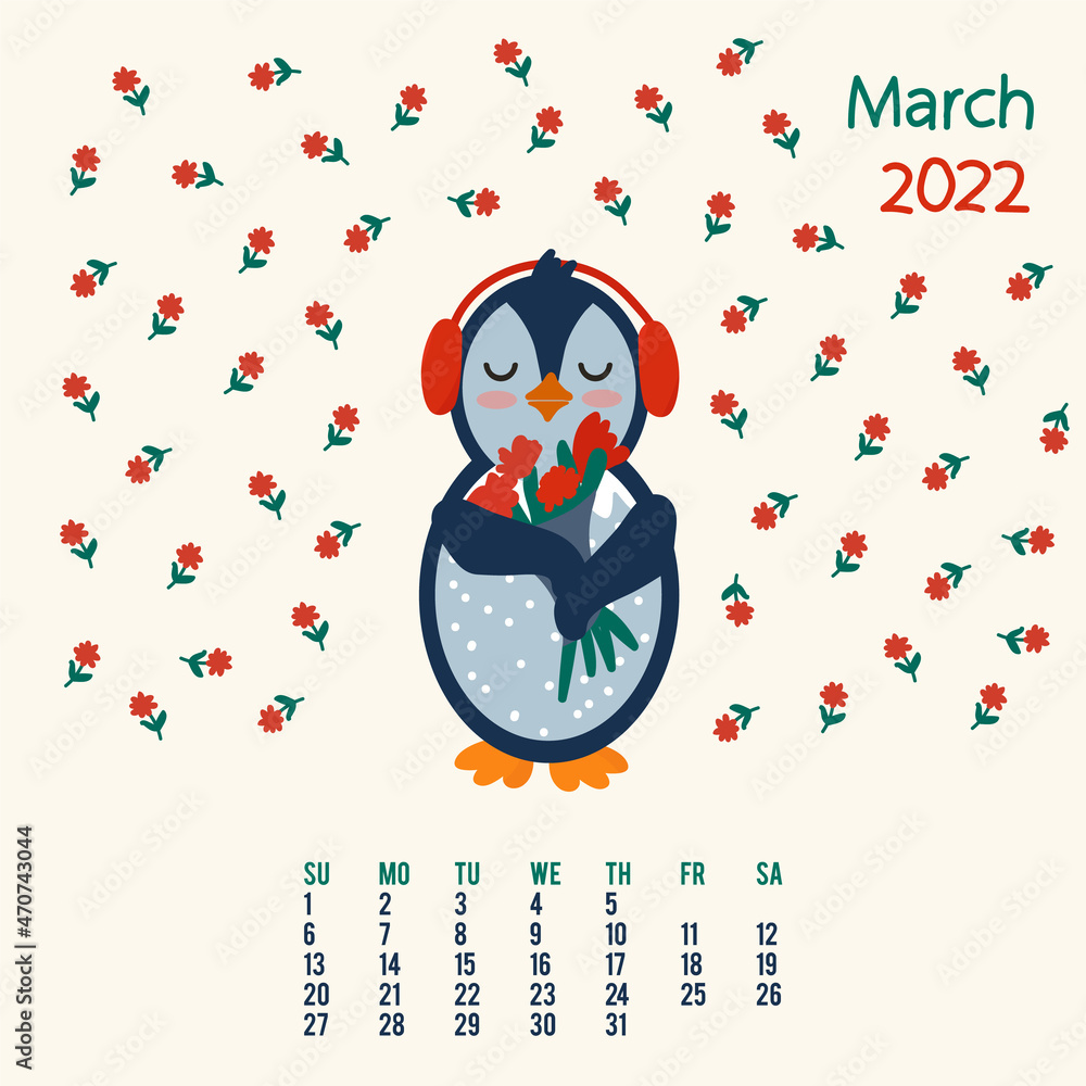 Penguin calendar for the month of March. A cartoon animal with days and ...