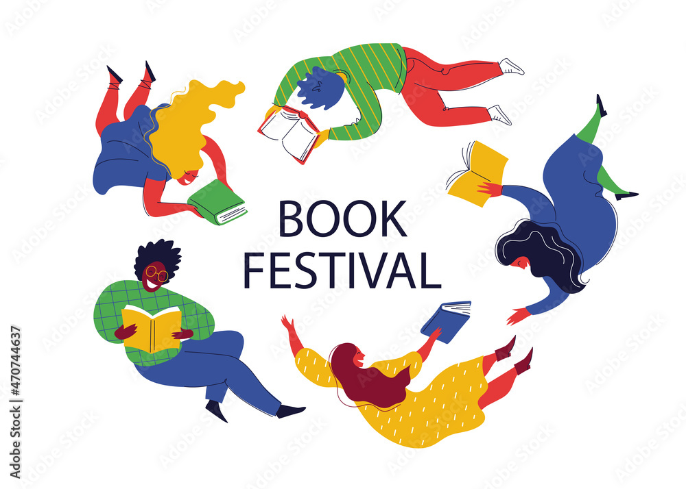 Banner for book festival. Open books and flying people. Vector ...