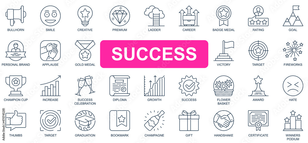 Success concept simple line icons set. Bundle of creative, premium ...