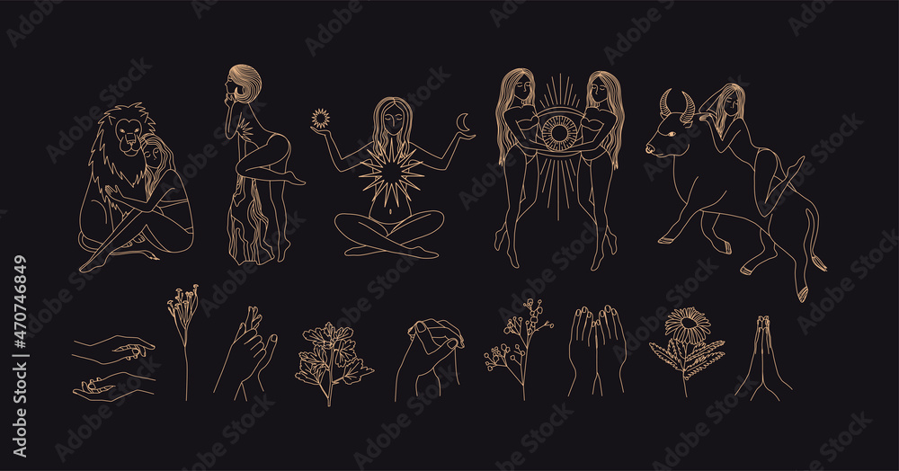 Collection of female silhouettes drawn by line. Astrological symbols ...
