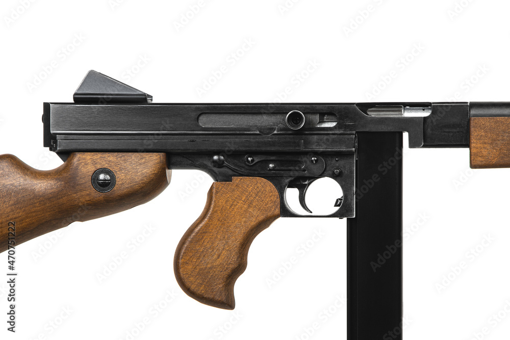 Vintage submachine gun Tommy Gun. Close-up of army and mafia weapons ...