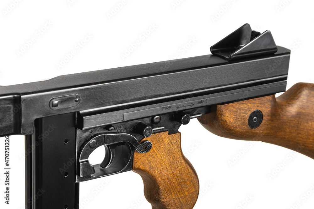 Vintage submachine gun Tommy Gun. Close-up of army and mafia weapons ...