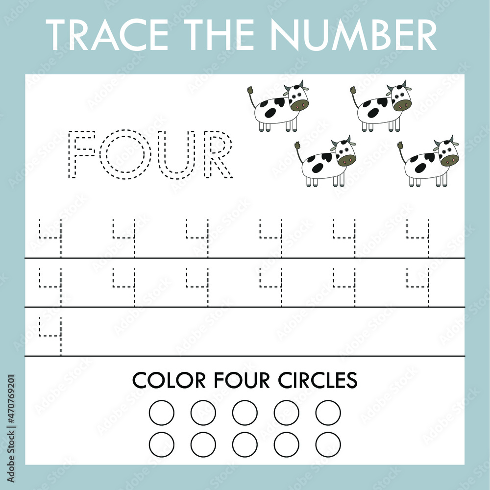 Number four stroke worksheet with pets cows for fine motor skills kids ...