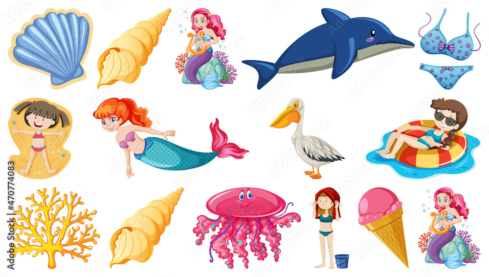Set of summer beach objects and cartoon characters Stock Vector | Adobe ...