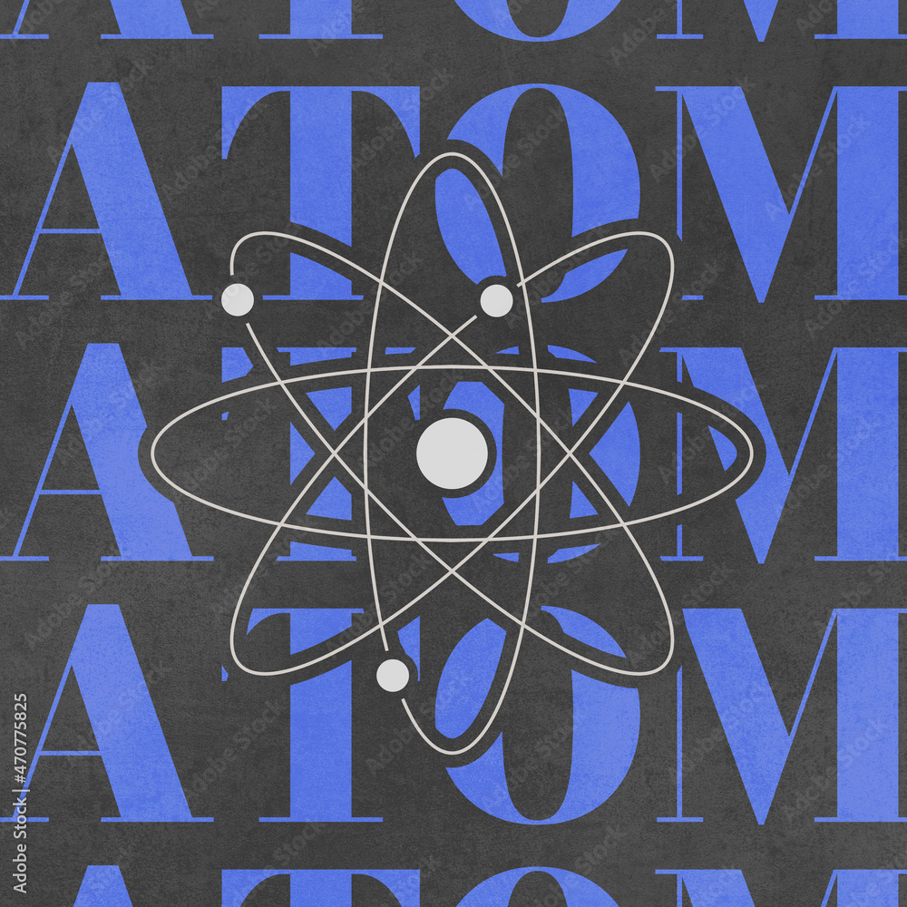 Aesthetic atom text with atom symbol in middle with texture, vintage ...