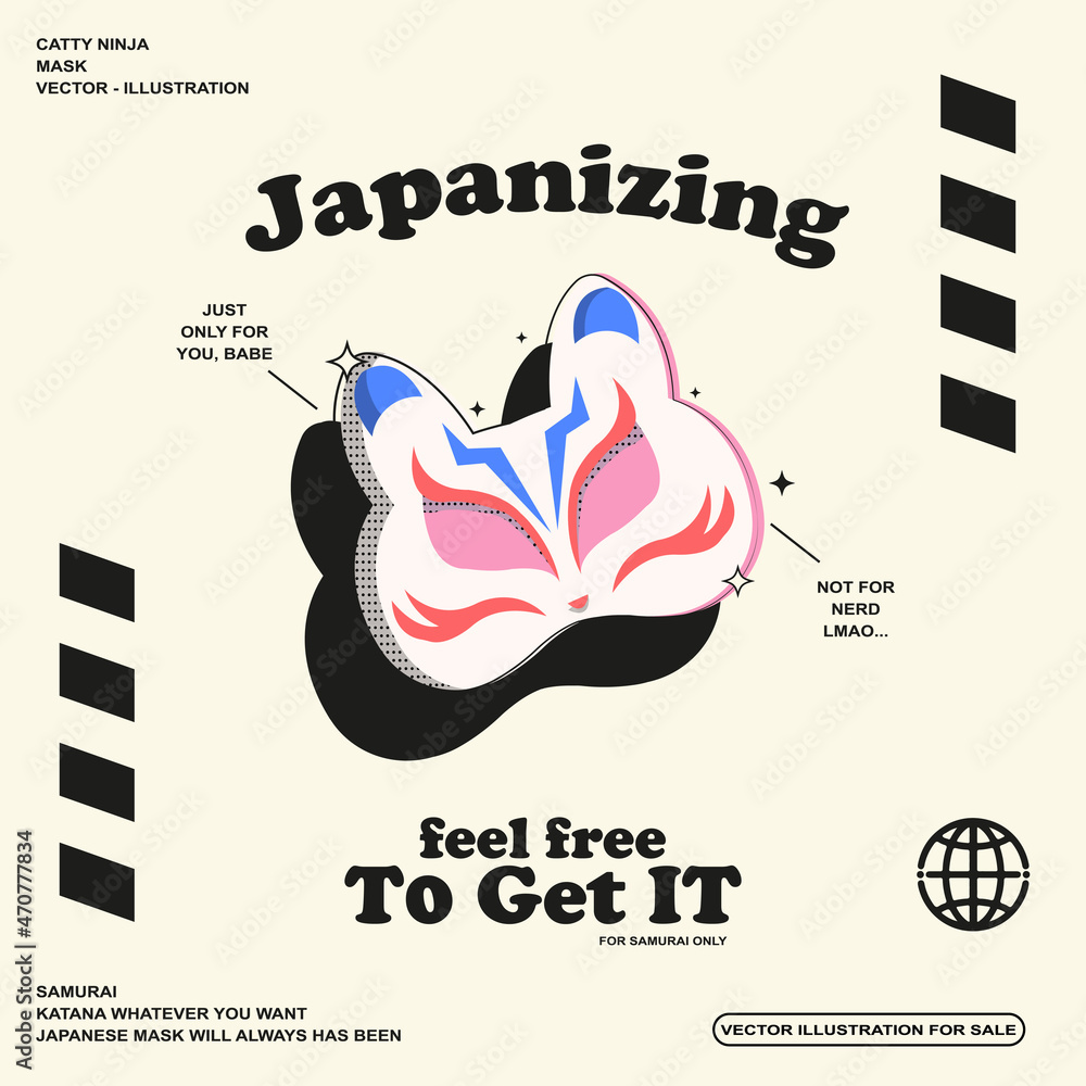 Aesthetic Japanese mask vector illustration with typography text for ...