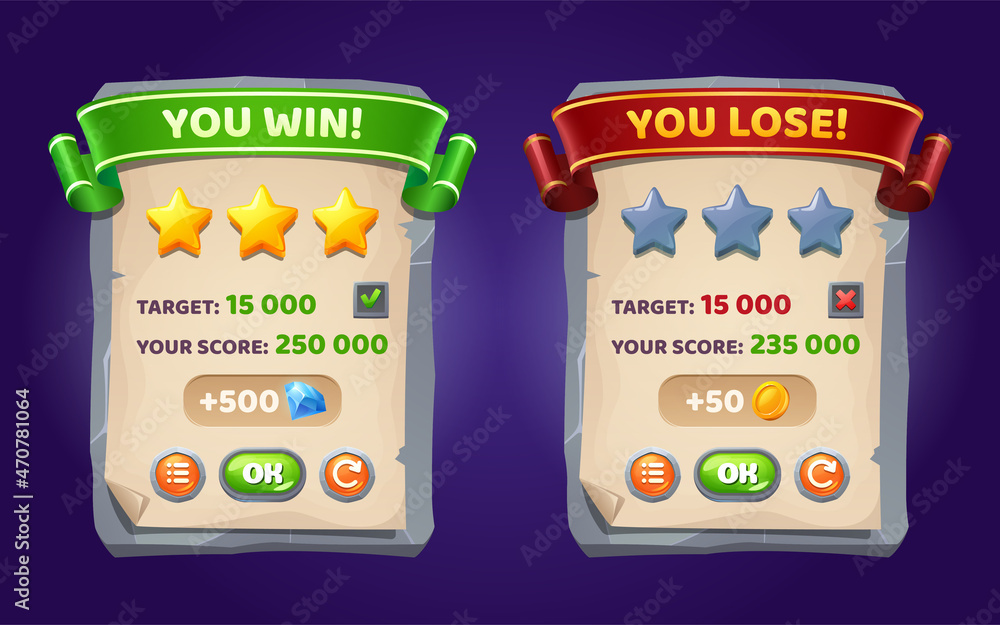 Game menu you win and lose gamer ui panel with buttons. Cartoon ...