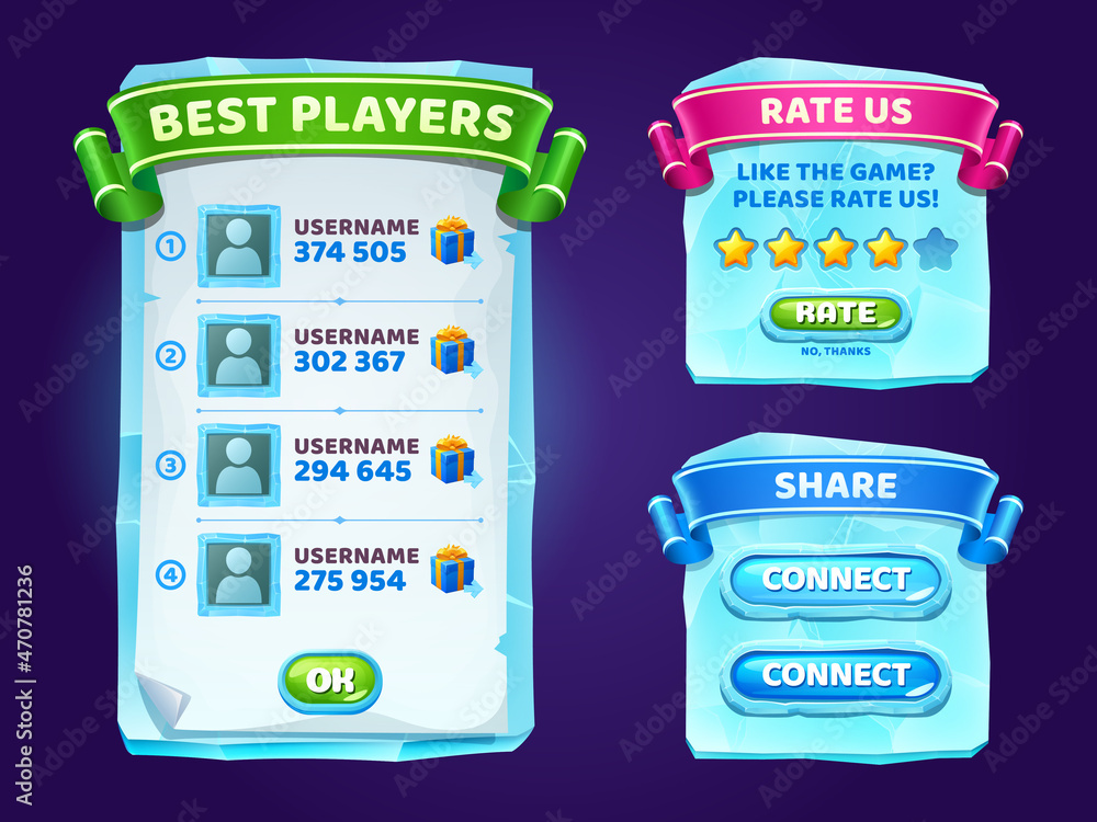 Stockvector Ice crystals game menu, gamer ui panel with buttons, blue ...