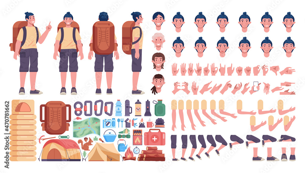 Hiker male character constructor set. Mountain traveler with trekking ...